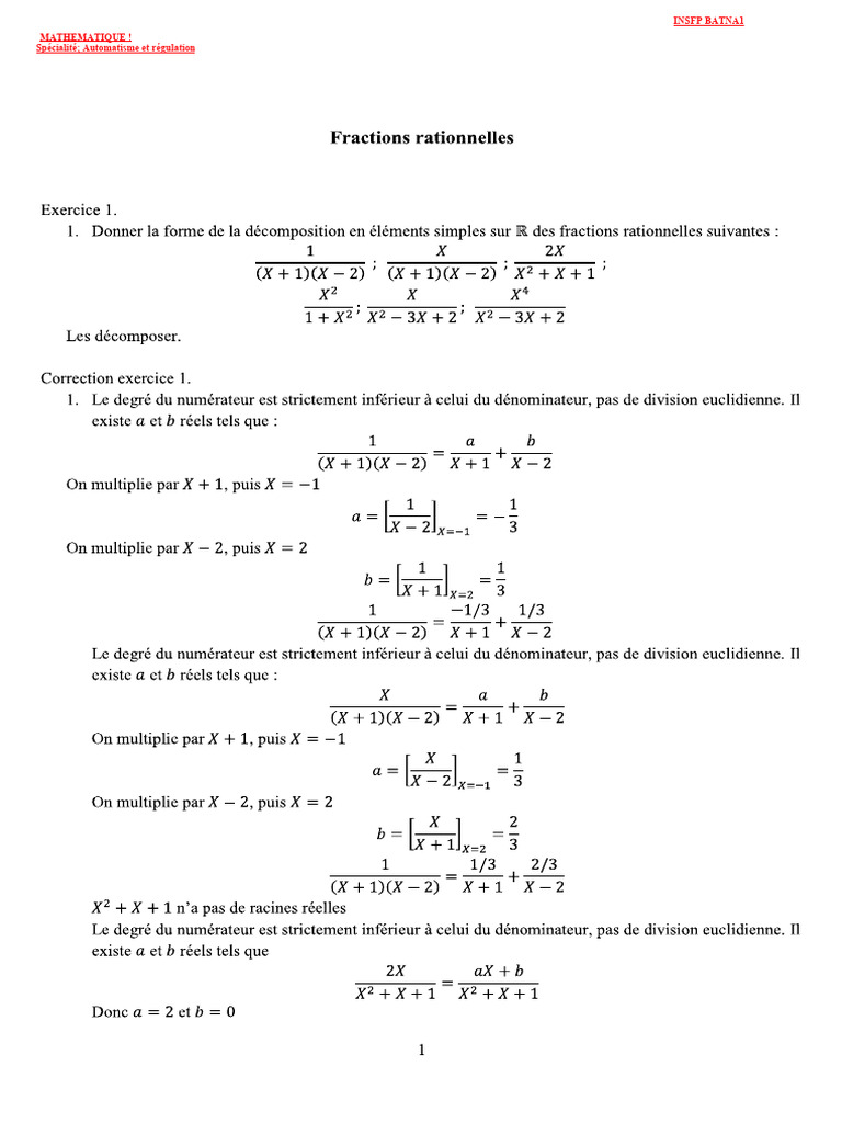Exercices Corriges Fractions Rationnelles | PDF
