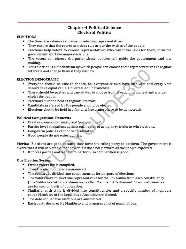 09 Social Science Key Notes Pol SC Ch4 Electoral Politics Unlocked ...