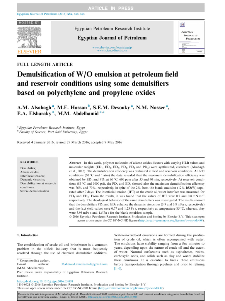 Demulsification of W/O Emulsion at Petroleum Field and Reservoir ...
