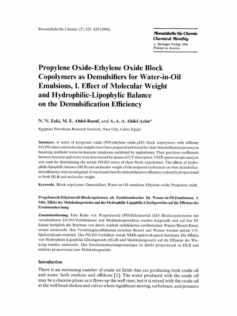Propylene Oxide-Ethylene Oxide Block Copolymers As Demulsifiers For ...