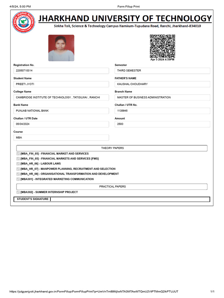 Form Fillup Print Preeti 3rd Sem | PDF