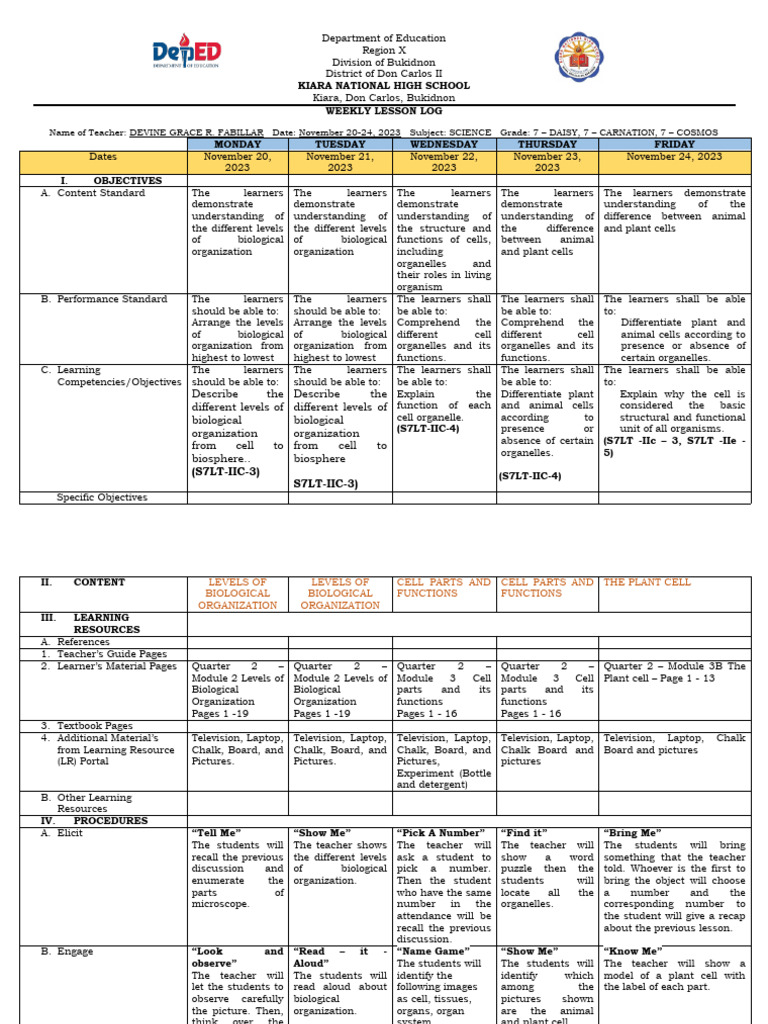 Grade 7 Weekly Lesson Plan Pdf Cell Biology Learning