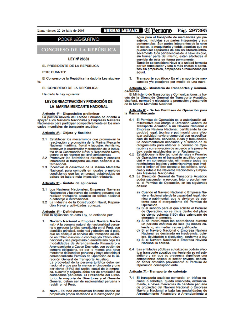 Ley 28583. Marina Mercante Nacional | PDF