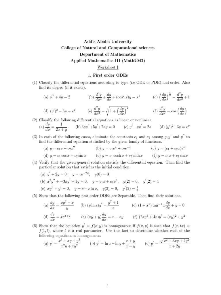 Applied III, Worksheet 1 | PDF | Ordinary Differential Equation | Equations