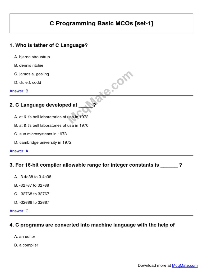 C Programming Basic Solved Mcqs Set 1 Pdf Control Flow Computing 
