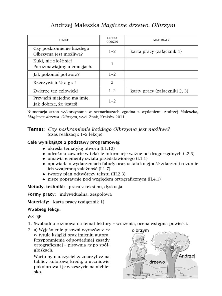 Andrzej Maleszka Magiczne Drzewo Olbrzym Scenariusz Lekcji | PDF