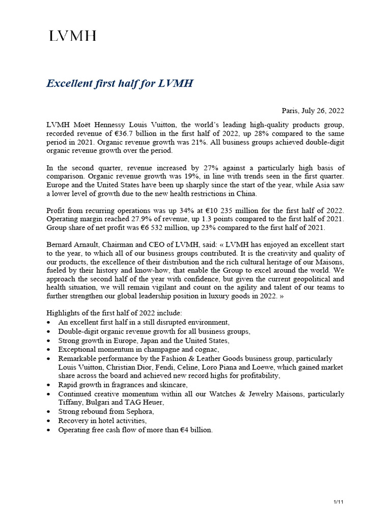 LVMH Half Year Results 2022 | PDF | Income Statement | Dividend