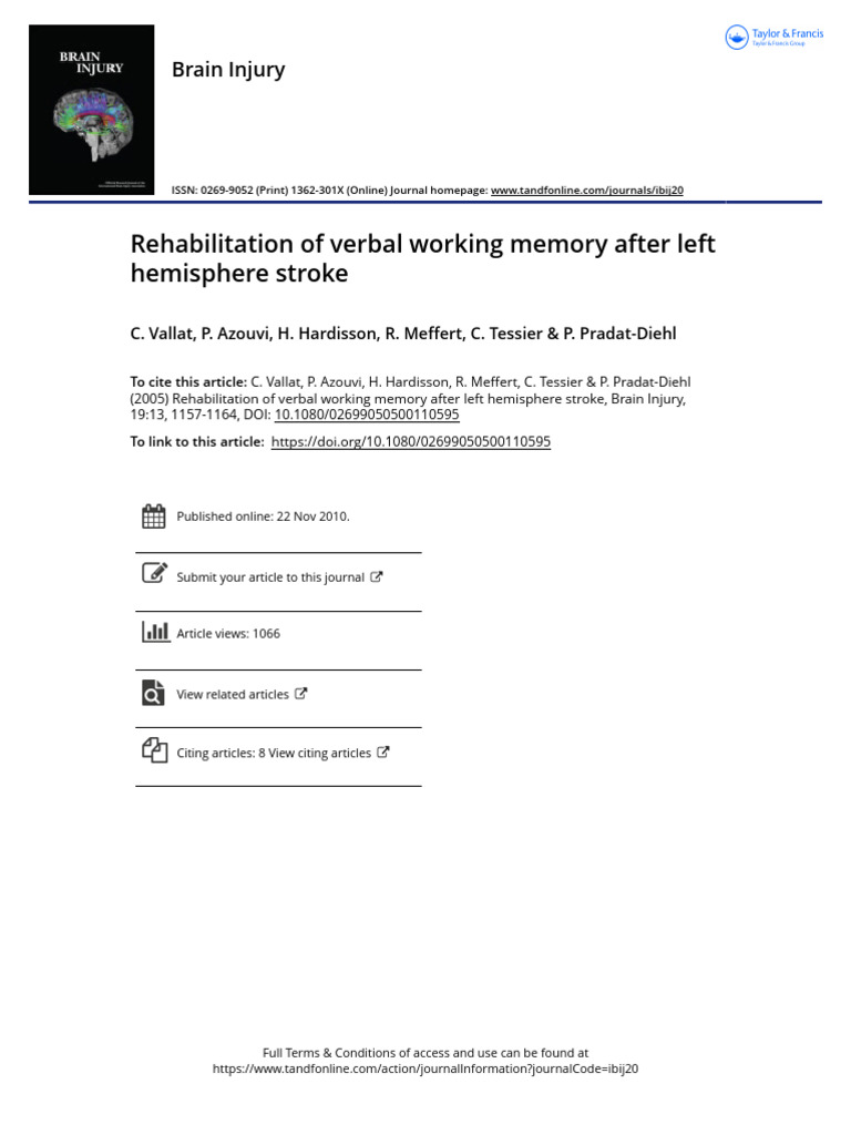 Rehabilitation of Verbal Working Memory After Left Hemisphere Stroke | PDF | Working Memory | Brain