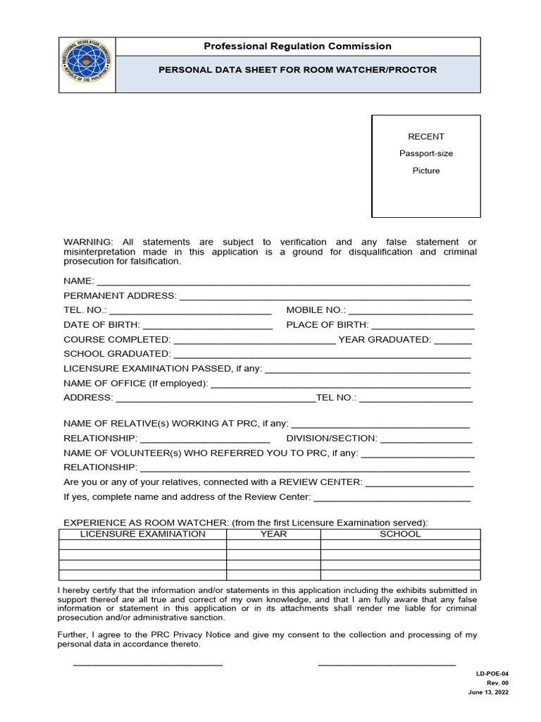 LD-POE-04 RO-Personal Data Sheet For Room Watcher | PDF | Justice ...