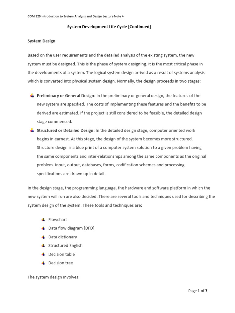 COM 125 Introduction To System Analysis and Design Lecture Note 4 | PDF ...