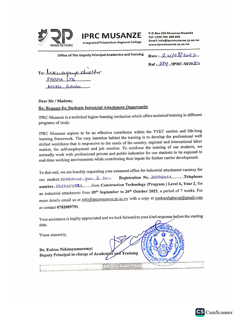 Industrial Attachment Application Letter | PDF