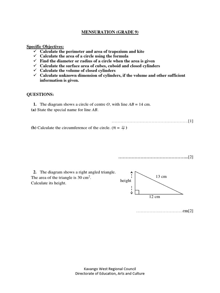 Mensuration - Grade 9 | PDF | Area | Volume