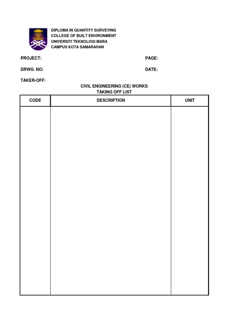 Taking Off List (Civil) | PDF