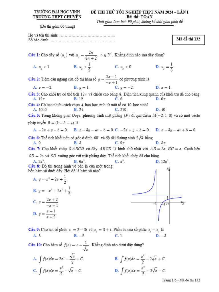 De Thi Thu Toan TN THPT 2024 Lan 1 Truong THPT Chuyen DH Vinh Nghe An | PDF