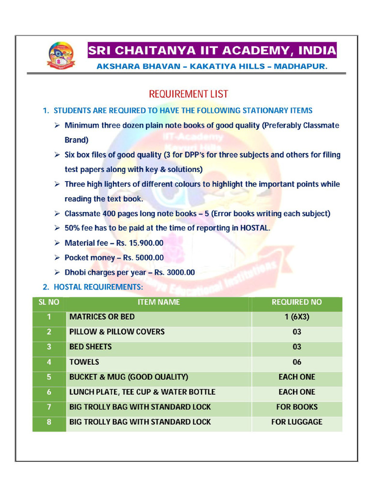 Hostel Requirements List | PDF