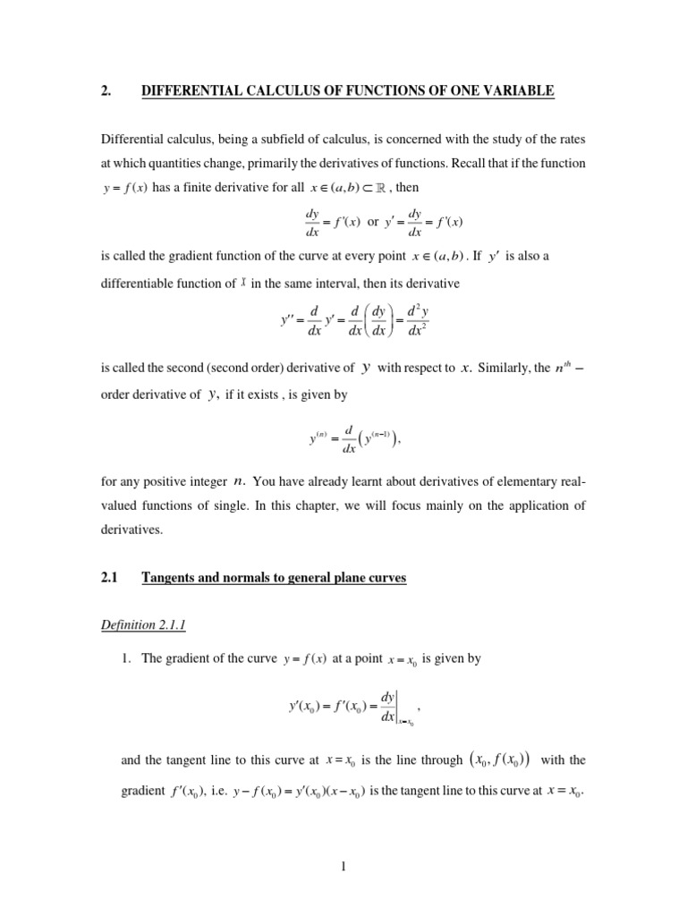 2. Differential Calculus of Functions of One Variable | PDF | Derivative | Tangent