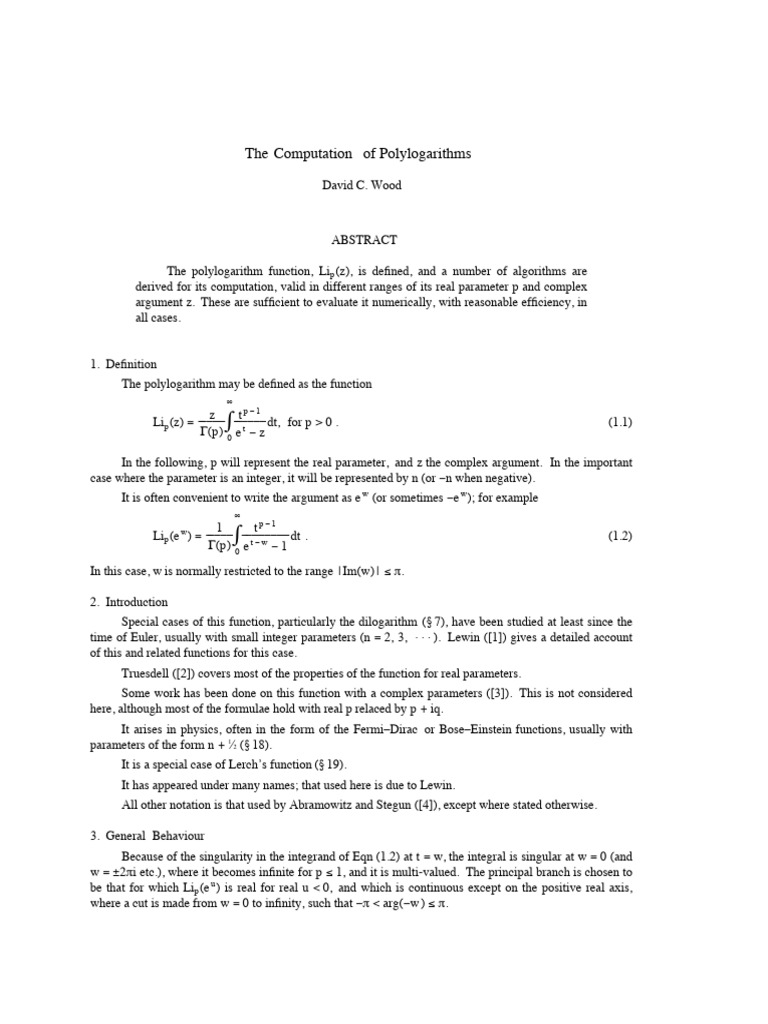D.C. Wood, The Computation of Polylogarithms, Kent University | PDF | Function (Mathematics ...