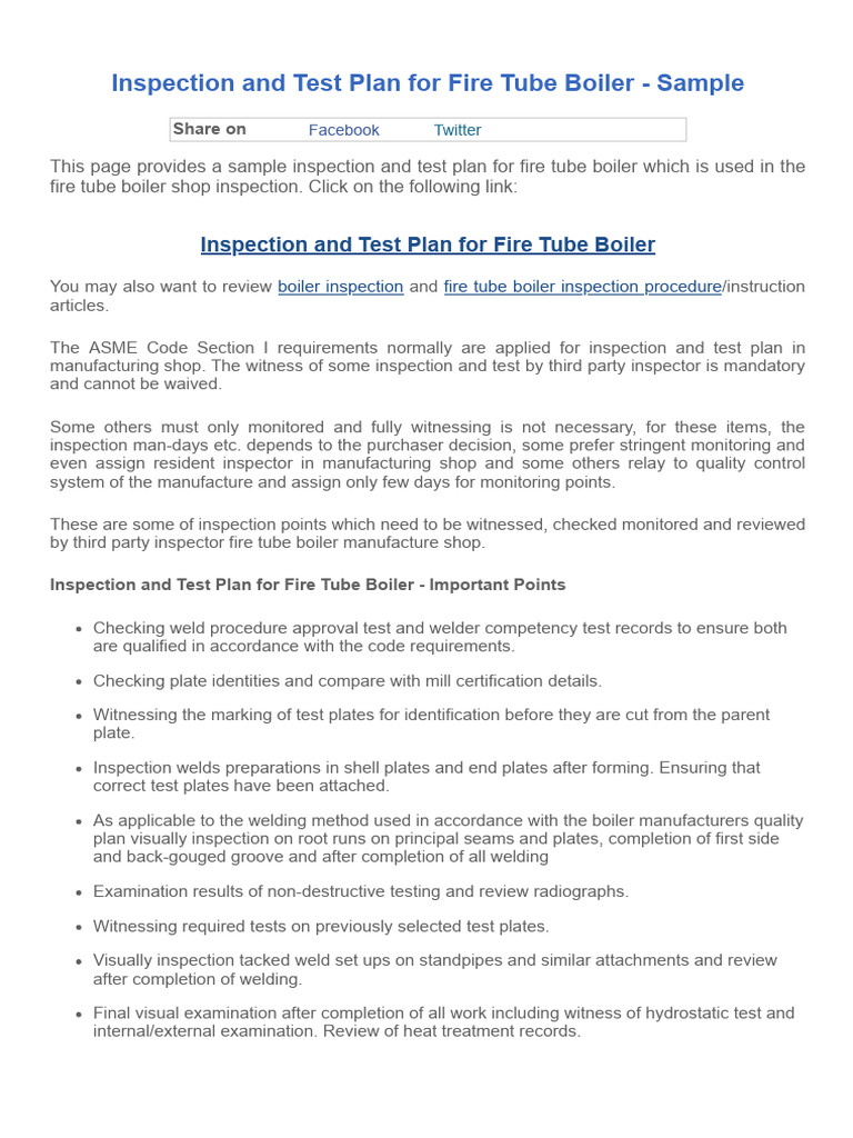 Inspection and Test Plan For Fire Tube Boiler - Sample | PDF ...