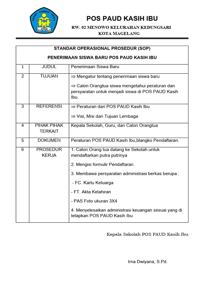 SOP Penerimaan Siswa Baru PAUD | PDF