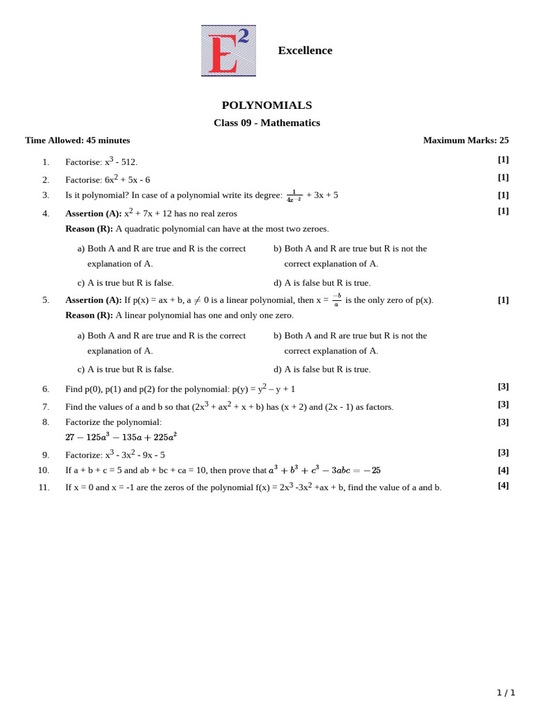 Polynomials Class 9 | PDF | Factorization | Polynomial