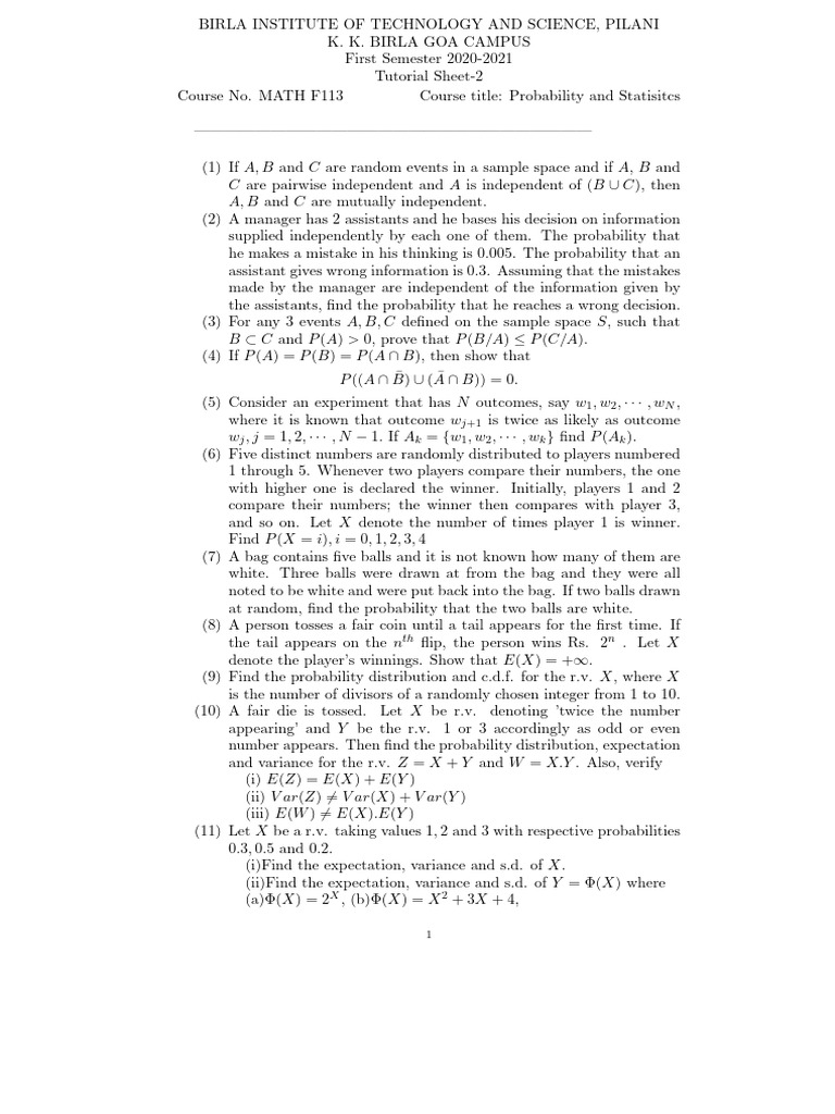 Probability and Statistics Tutorial Sheet | PDF | Standard Deviation ...