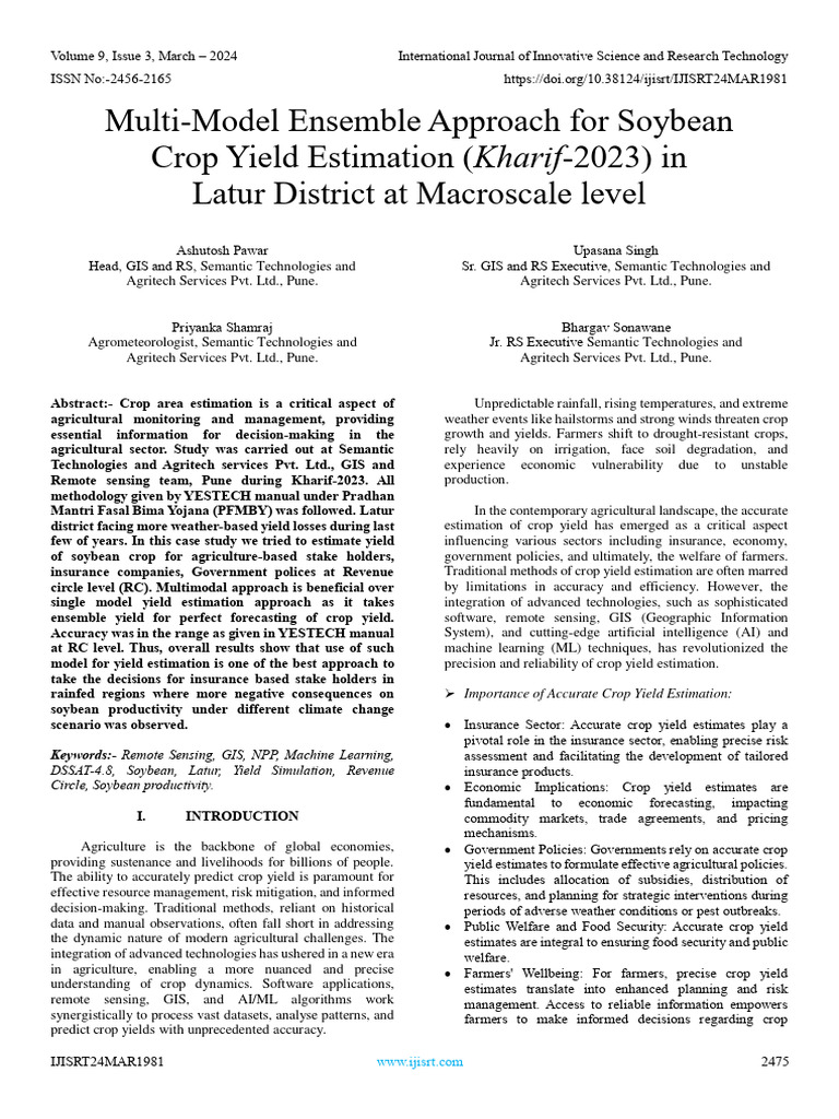 Multi-Model Ensemble Approach For Soybean Crop Yield Estimation (Kharif-2023) in Latur District ...
