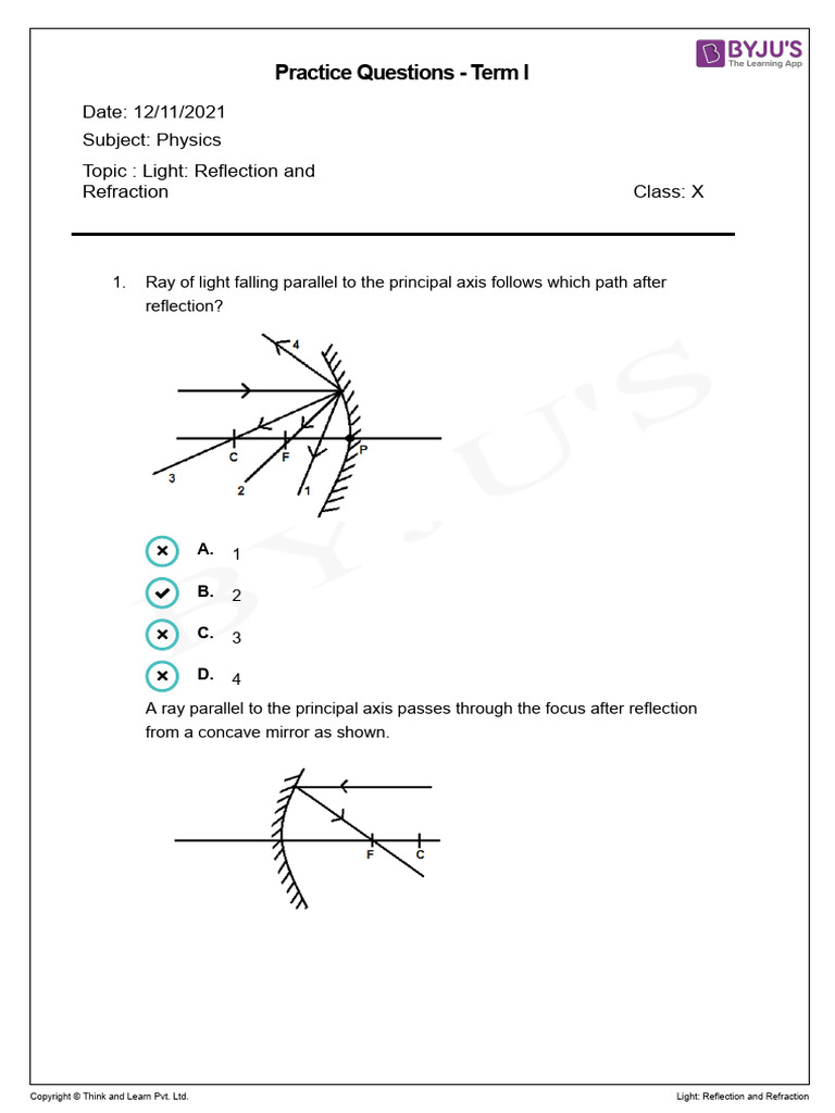 Cbse Class 10 Light Reflection And Refraction Mcq Practice Solutions