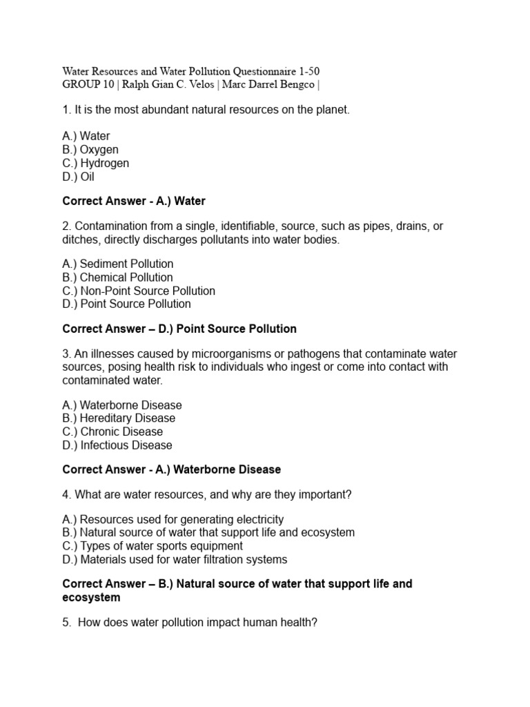 Water Resources and Water Pollution Questionnaire 1-50 (GROUP 10) | PDF ...