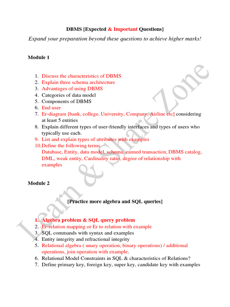 DBMS Expected & Important Questions | PDF | Databases | Relational Database