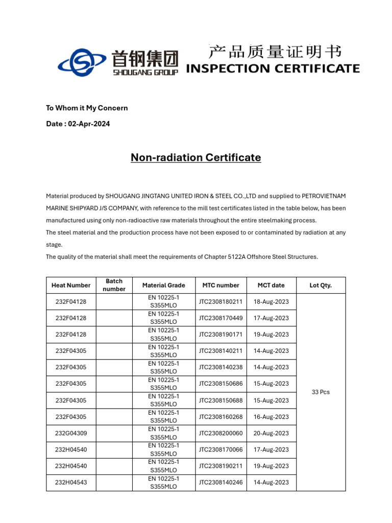 Non Radiation Certificate For Jacket - English | PDF | Steel | Metals