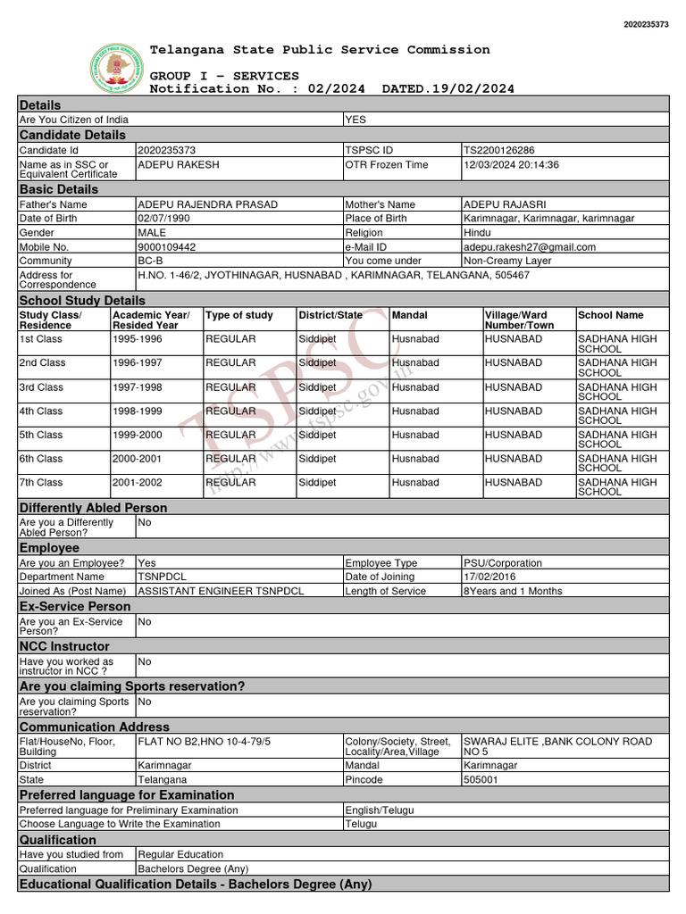 TSPSC Group I Services Application 2024 | PDF