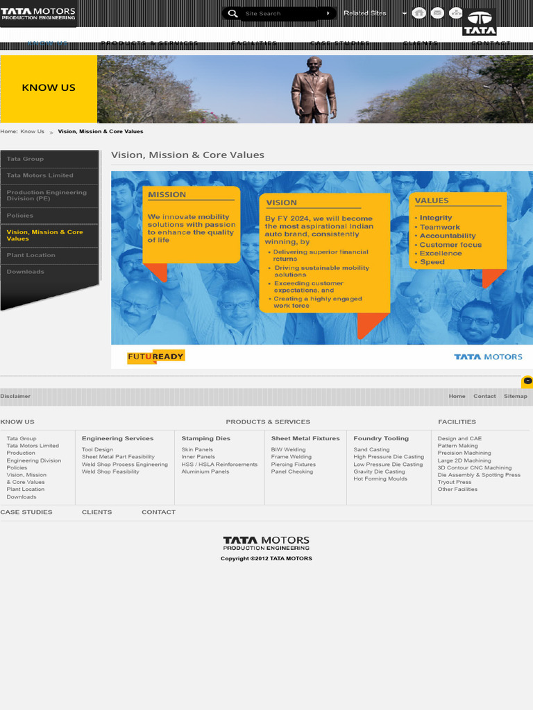 Tata Motors PE Division - Vision, Mission & Core Values | PDF | Sheet ...