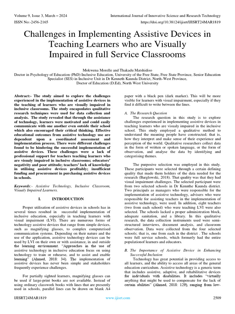Challenges in Implementing Assistive Devices in Teaching Learners who are Visually Impaired in ...