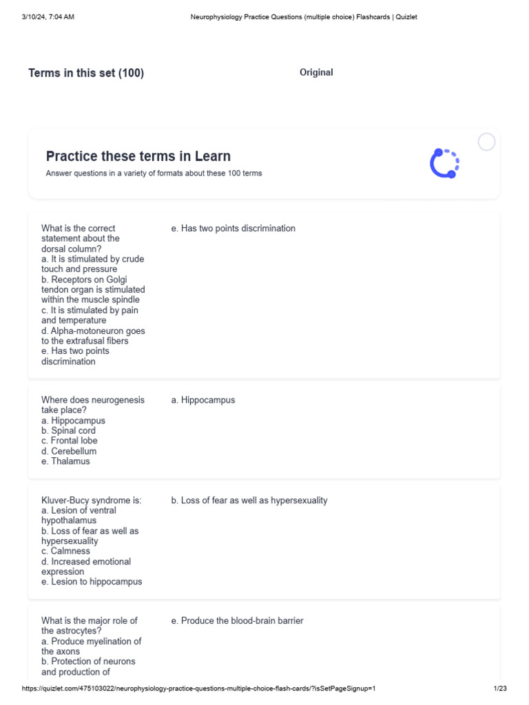 Neurophysiology Practice Questions (Multiple Choice) Flashcards ...