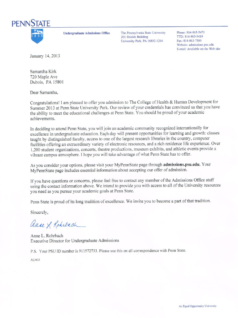 Main - Penn State Acceptance Letter | PDF