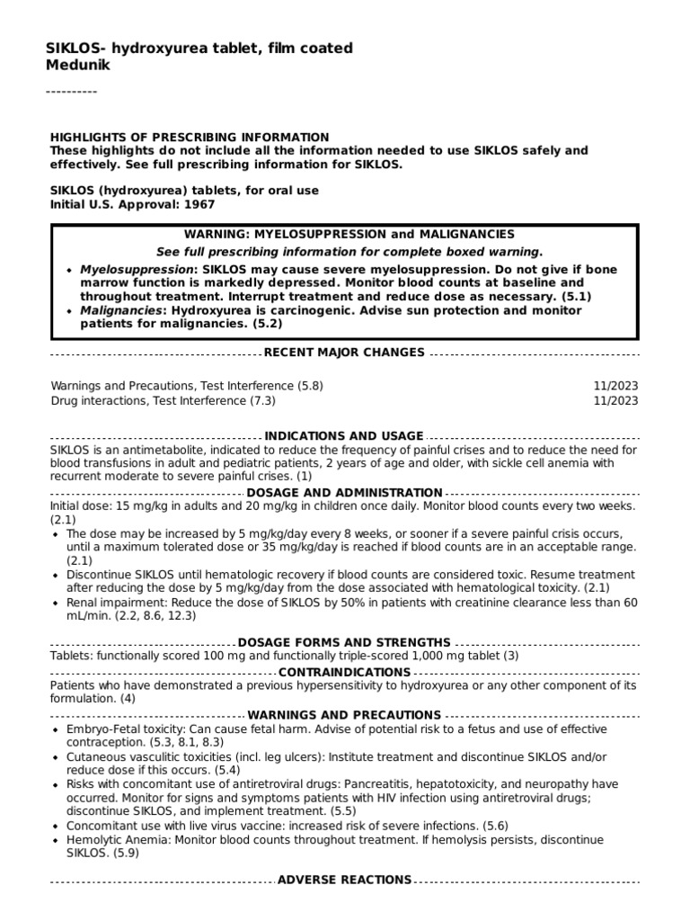 SIKLOS-hydroxyurea Tablet, Film Coated Medunik | PDF | Pregnancy ...