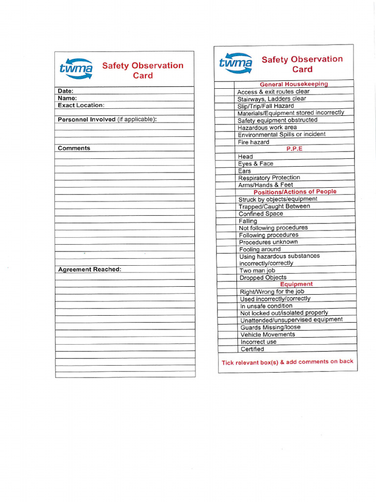 Safety Observation Card | PDF