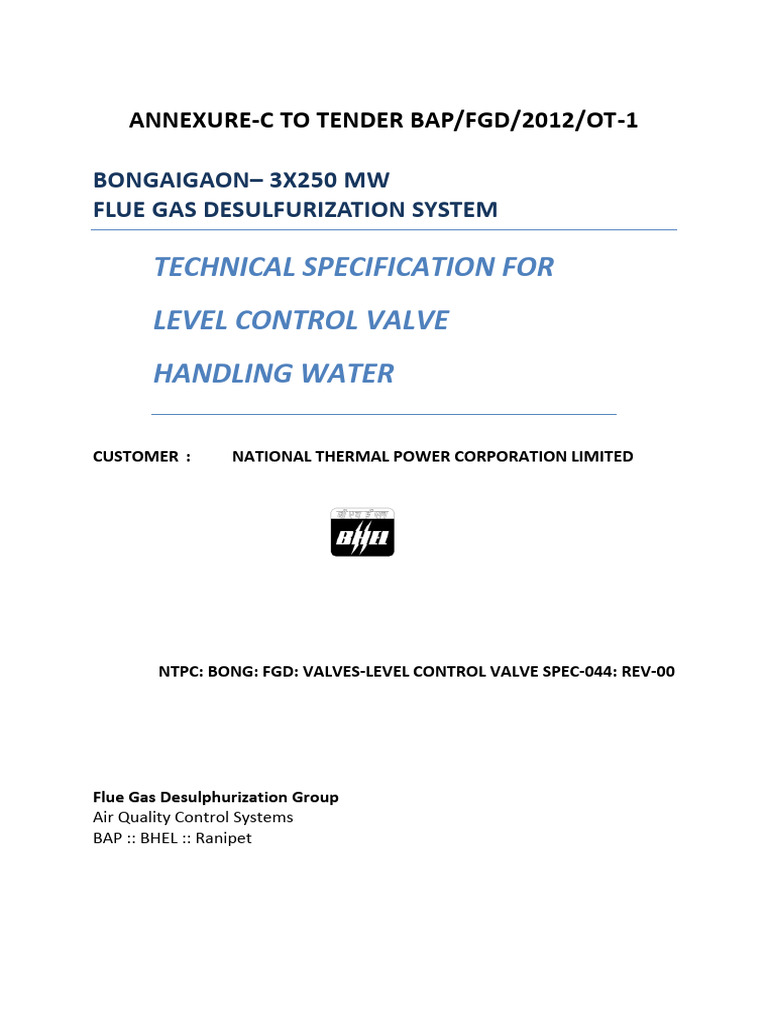 Technical Specification for Level Control Valves | PDF | Valve ...
