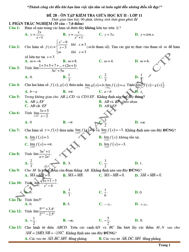 ĐỀ 2B - ÔN TẬP GIỮA KÌ II - LỚP 11 | PDF