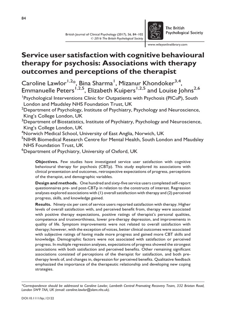 Lawlor et al. (2017) Service user satisfaction with CBTp | PDF ...