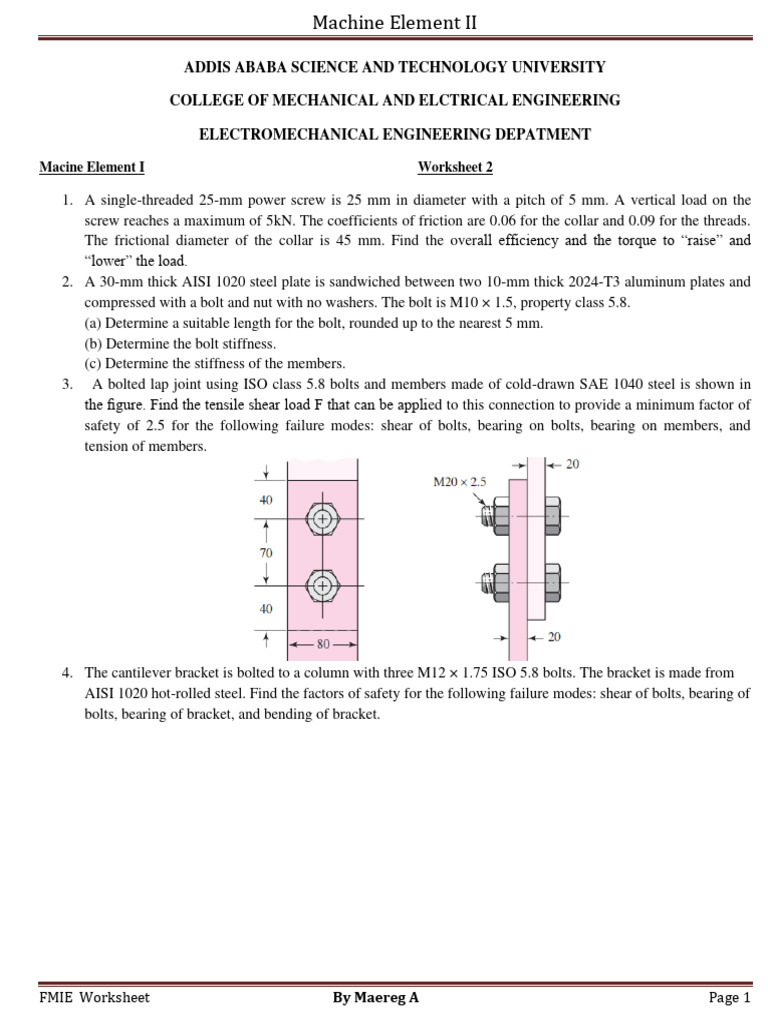 machine element I worksheet 2 | PDF | Screw | Mechanical Engineering