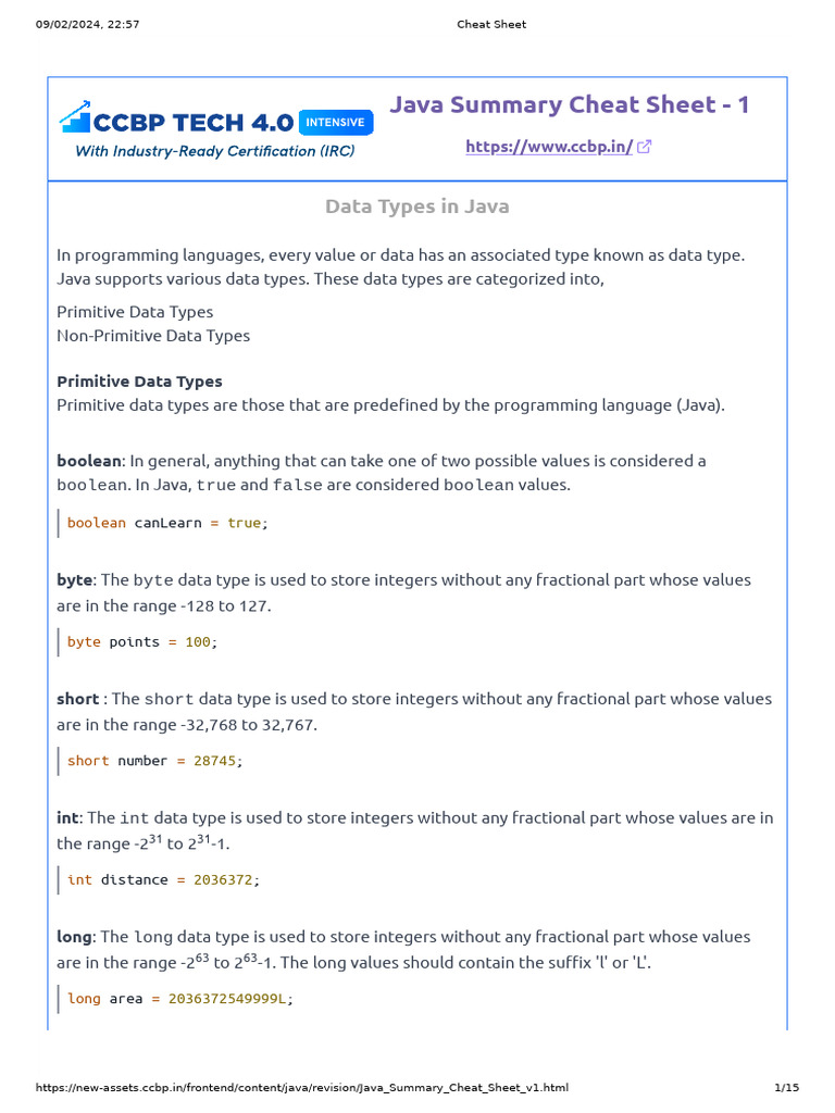 java Cheat Sheet1 | PDF | Data Type | Boolean Data Type
