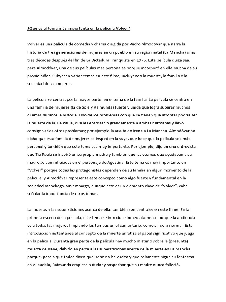 Example Essay Spanish A-Level (A Student) : "Volver" de Almódovar | PDF