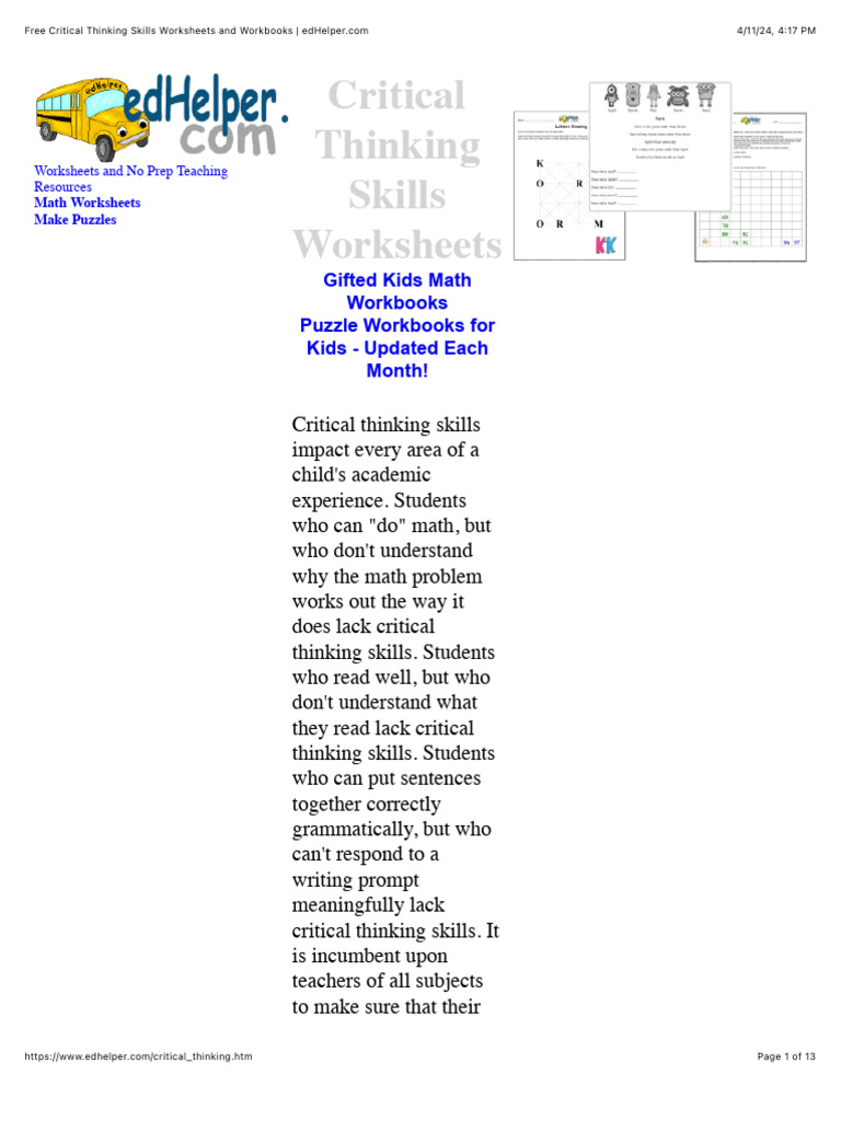 Free Critical Thinking Worksheets Free Worksheets To Enhance Critical