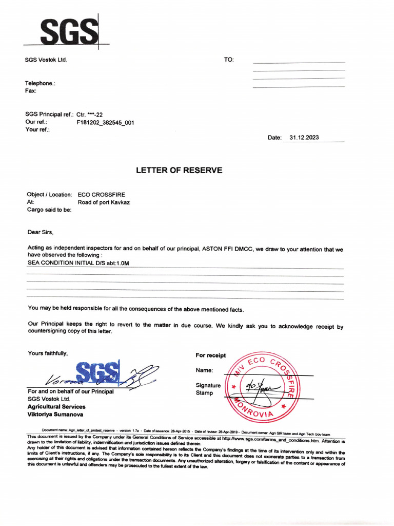 Letter of Reserve (31.12) - ECO CROSSFIRE | PDF