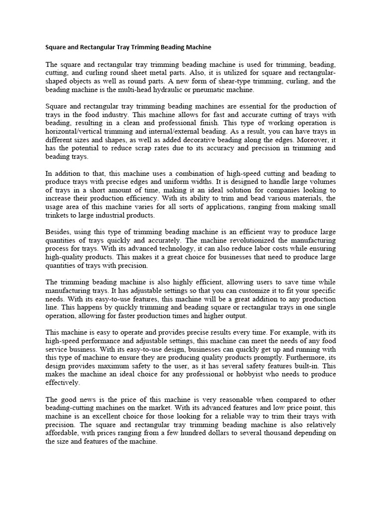 Square and Rectangular Tray Trimming Beading Machine | PDF | Bead | Sheet Metal