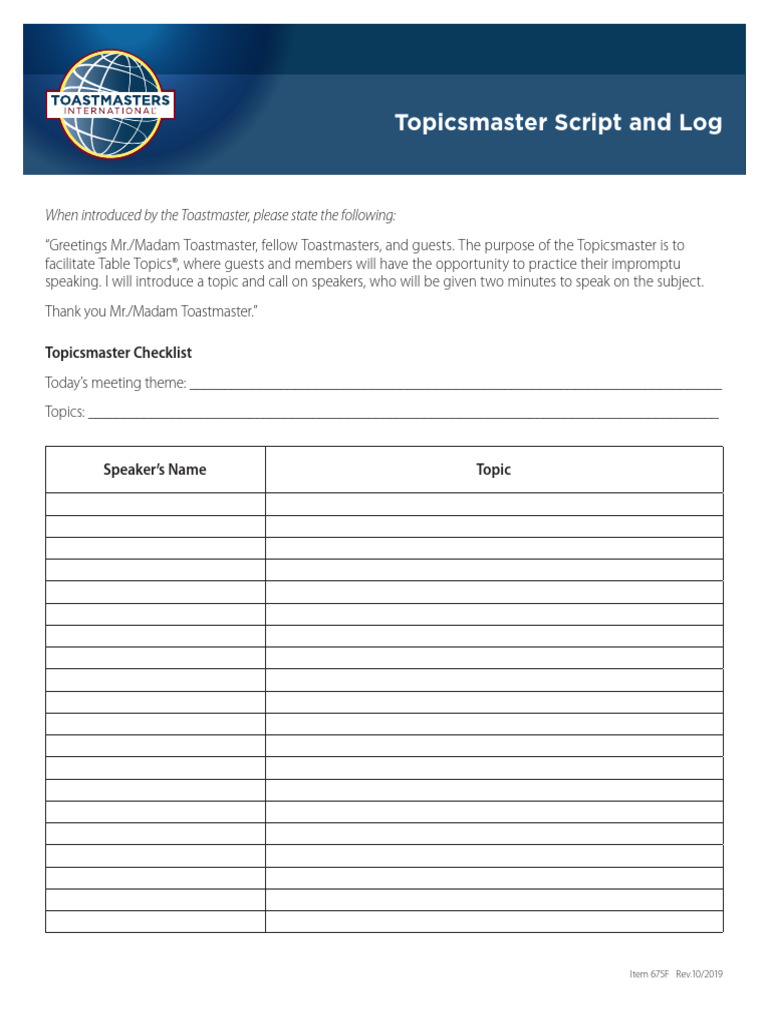 Toastmasters 675F Topicsmaster Script and Log Letter Size | PDF
