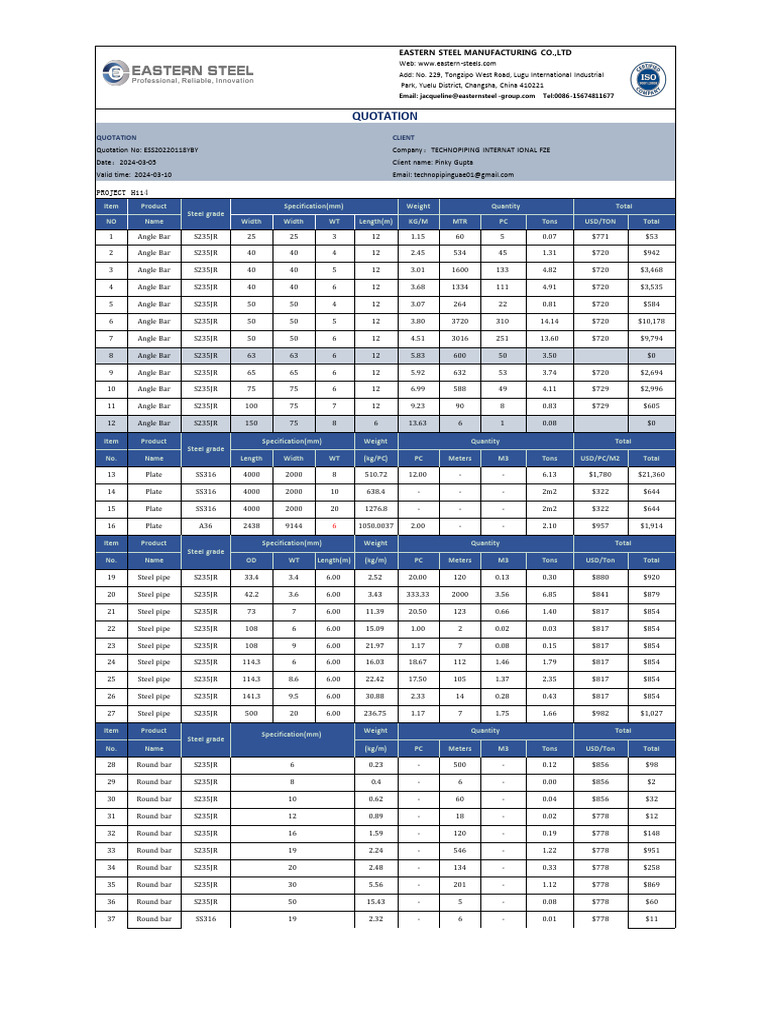 Eastern Steel Quotation for Technopiping | PDF