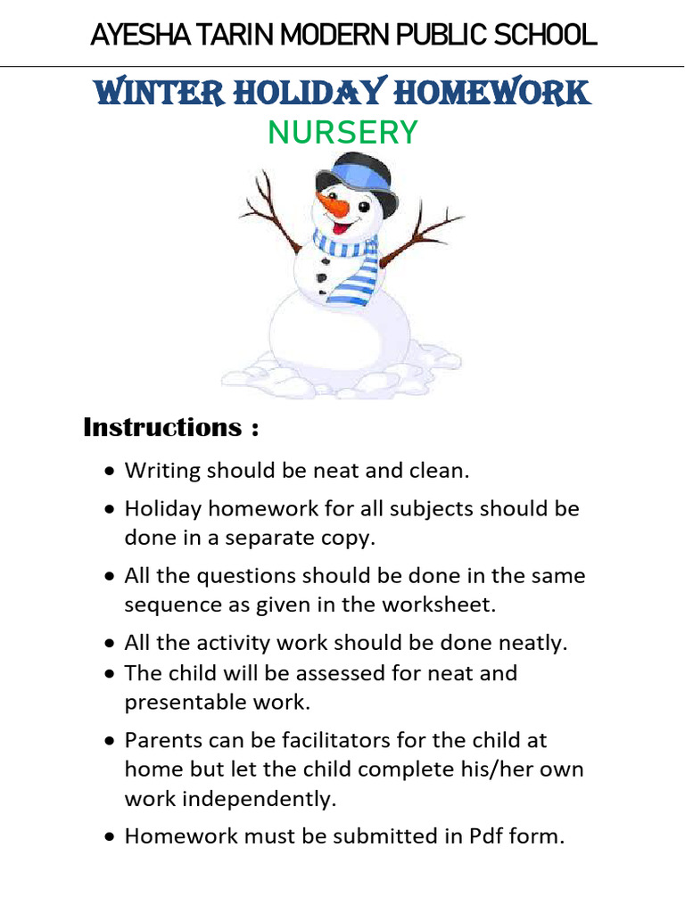 Winter Holiday Homework for Nursery | PDF