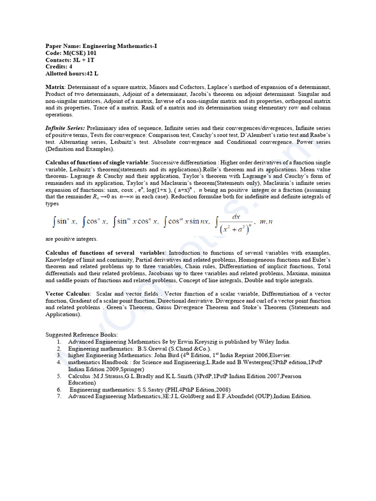 Engineering Mathematics-I M(CSE)101 | PDF | Determinant | Matrix ... Engineering Mathematics-I M(CSE)101 | PDF | Determinant | Matrix ...